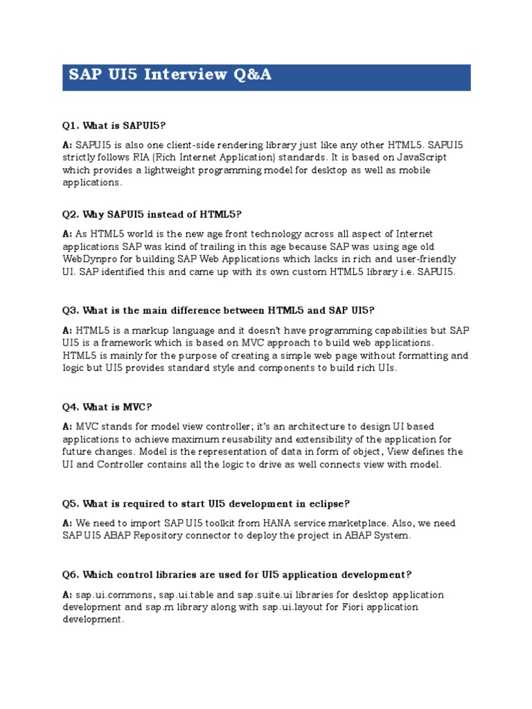 SAP UI5 Interview Q&A | PDF | Json | Model–View–Controller