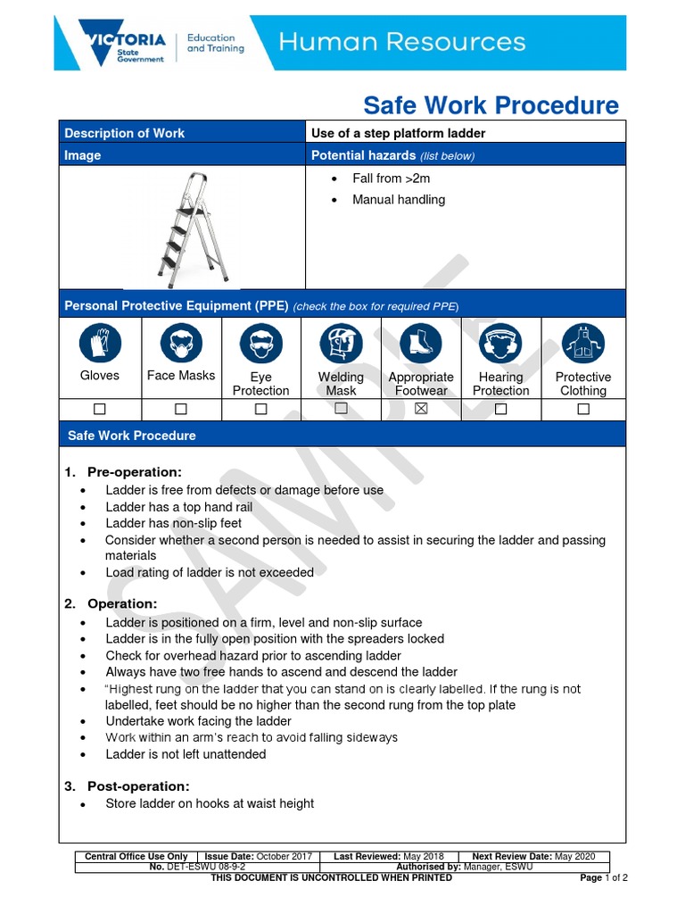 Safe Work Procedure: Description of Work Image Potential Hazards | PDF ...