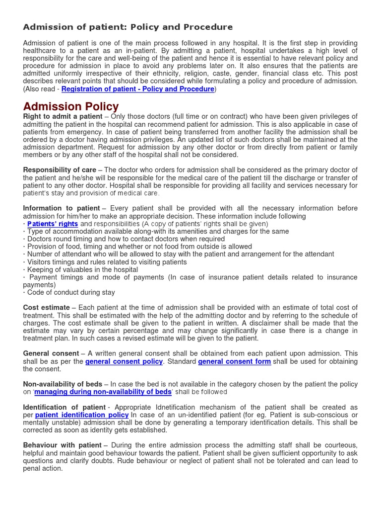 Admission of Patient | PDF | Patient | Medical Record