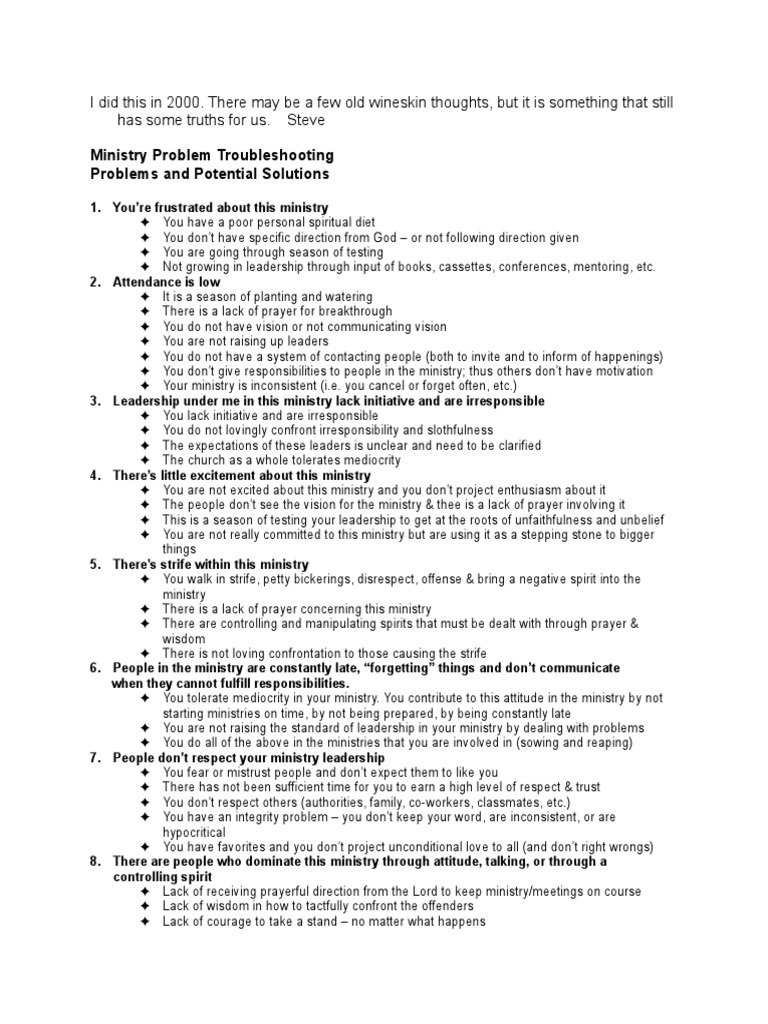 Ministry Problem Troubleshooting Problems and Potential Solutions | PDF ...