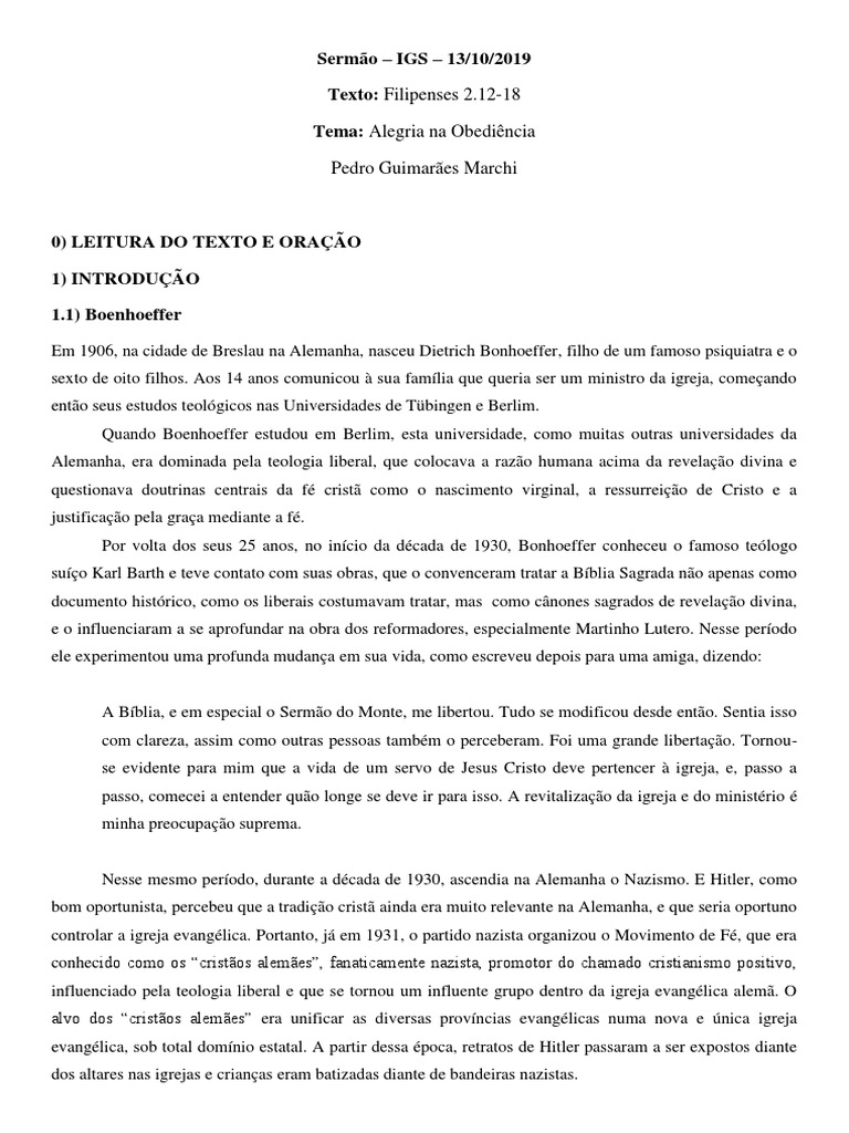 Sermão Filipenses 2,12-18 v1 | PDF | Graça no cristianismo | Karl Barth