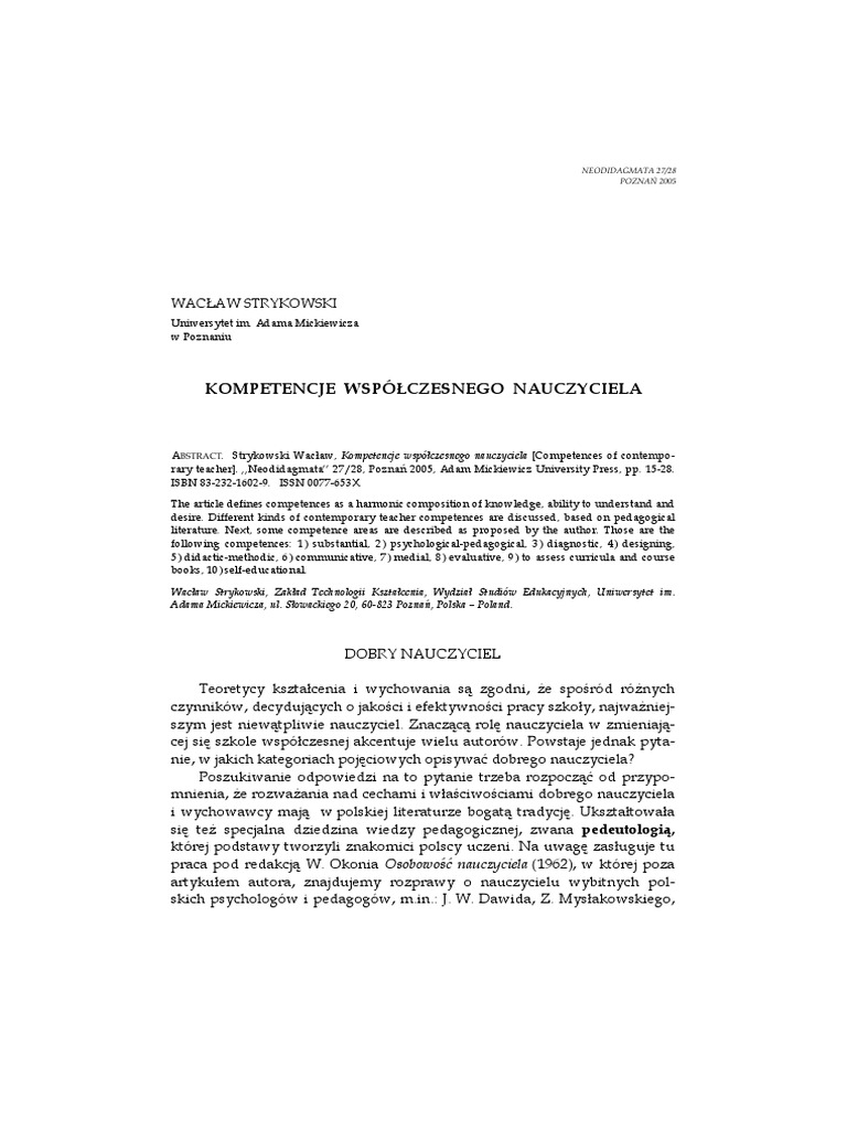 Kompetencje Współczesnego Nauczyciela - Wacław Strykowski | PDF