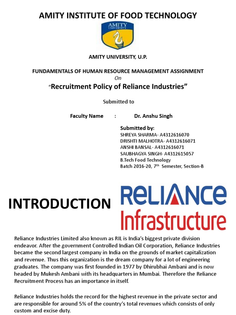 Amity Institute of Food Technology: Recruitment Policy of Reliance ...