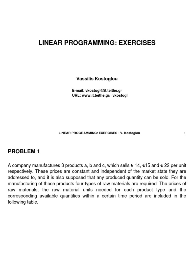 Linear Programming Exercises Pdf Mathematical Optimization Linear Programming 