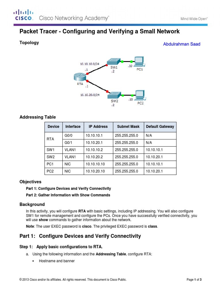 1.1.4.5 Packet Tracer - Configuring and Verifying A Small Network Instructions | PDF | Ip ...
