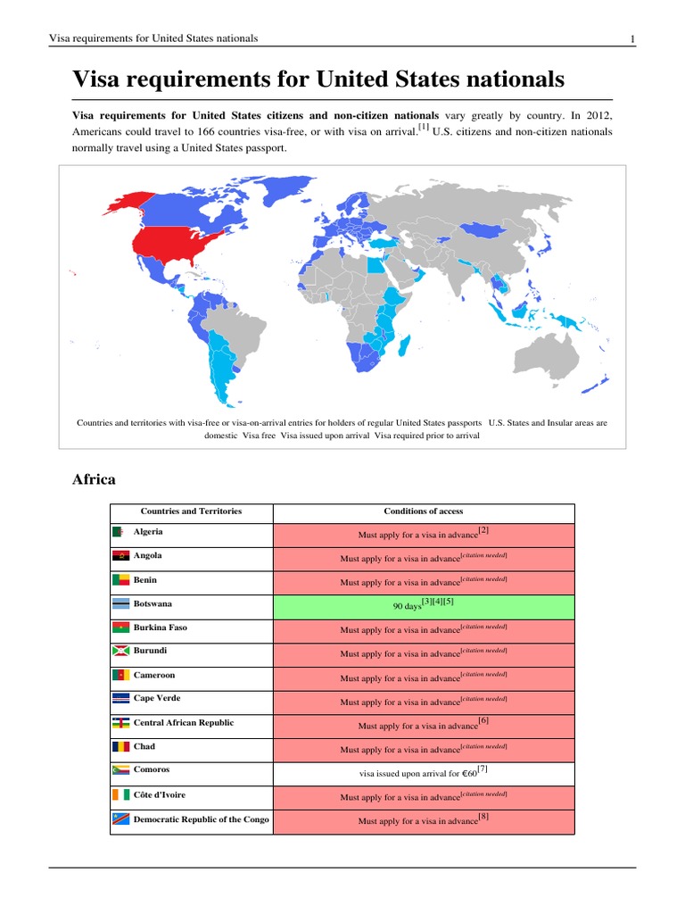 Visa Requirements For United States Nationals | PDF | Travel Visa ...