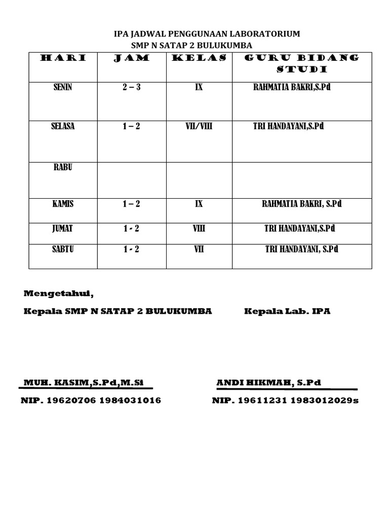 Jadwal Penggunaan Laboratorium Biologi | PDF
