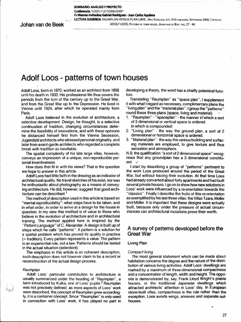 Adolf Loos, Patterns of Town Houses-Johan Van de Beek | PDF