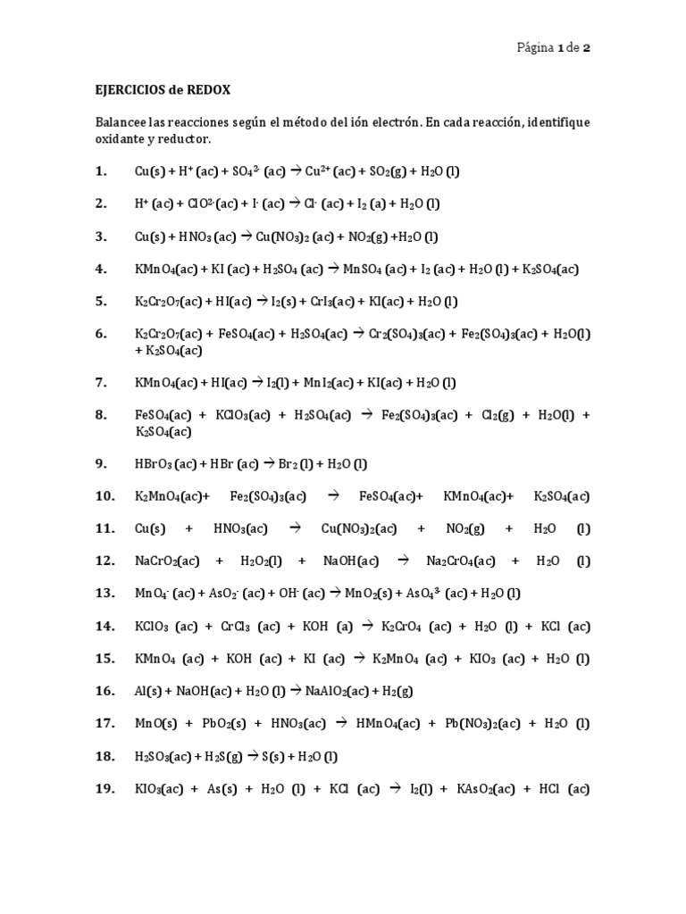 Ejercicios de Redox | Redox | Ingeniería de Procesos Químicos