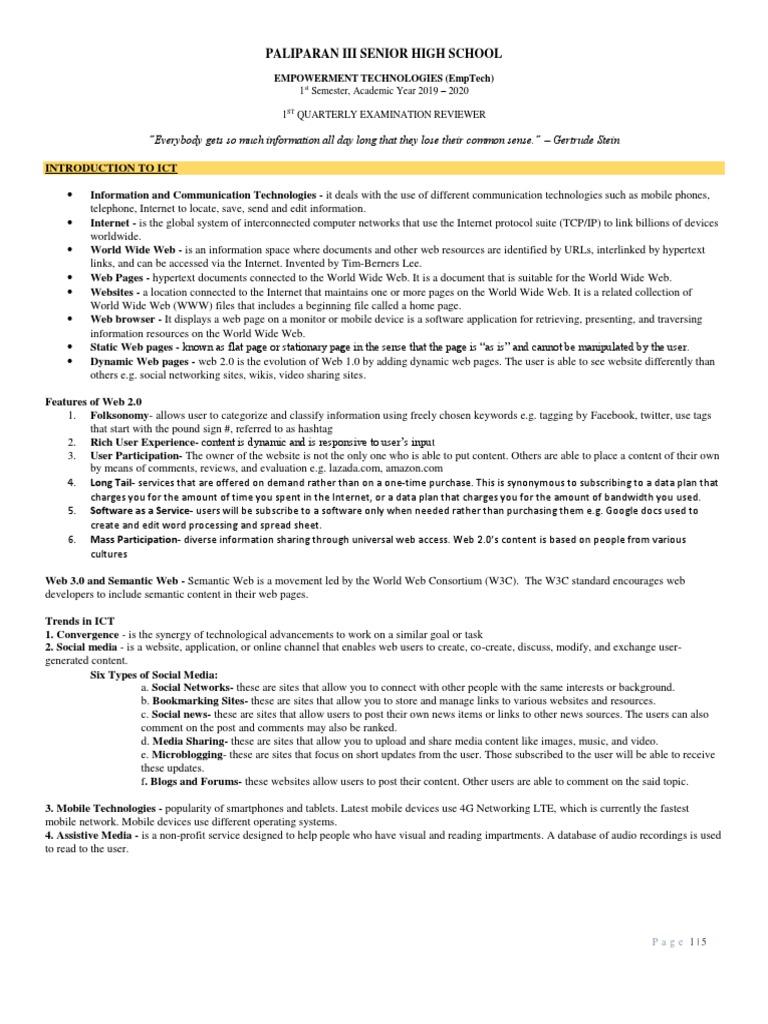 EmpTech 1st Quarterly Test Reviewer 2019-2020 v2 | PDF | 4 G | World ...