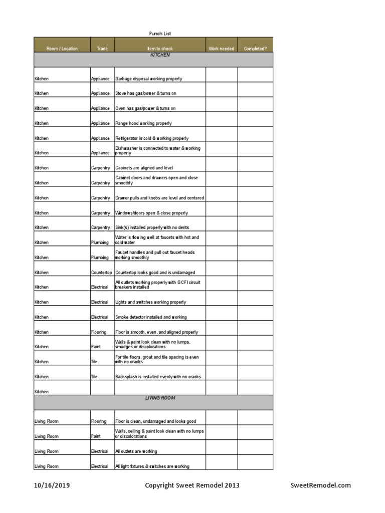Sample Punch List Template | PDF | Bathroom | Kitchen