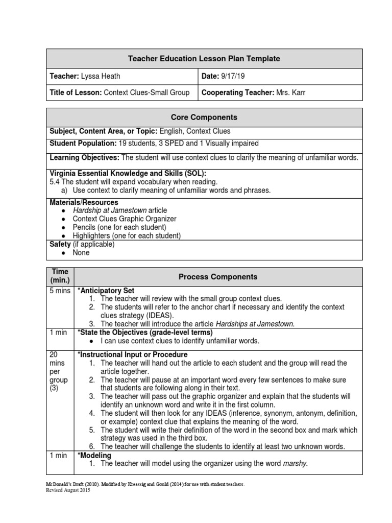 Teacher Education Lesson Plan Template | PDF | Classroom Management ...