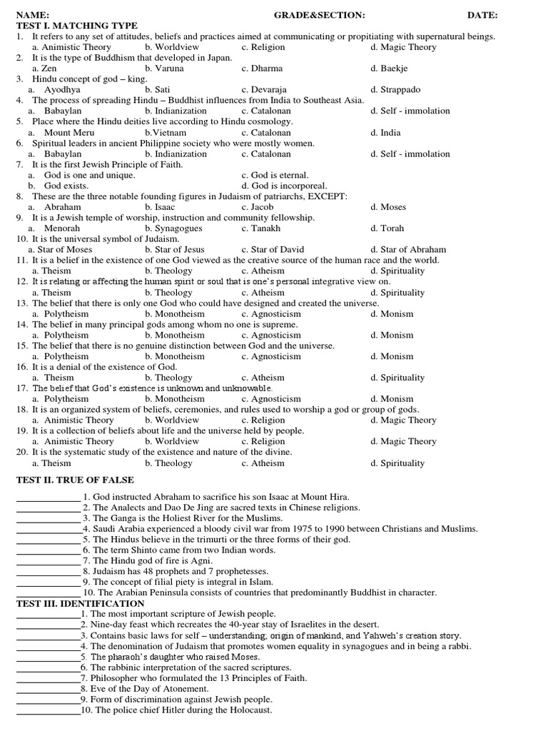 Grade 11 World Religion Exam Review | PDF | Religion & Spirituality