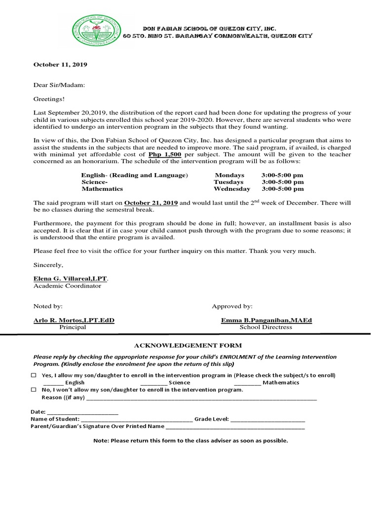 Intervention Program Letter | PDF | Learning | Behavior Modification