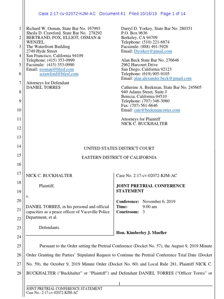 PRETRIAL STATEMENT Nick Buckhalter Tight Handcuffing Case | PDF ...