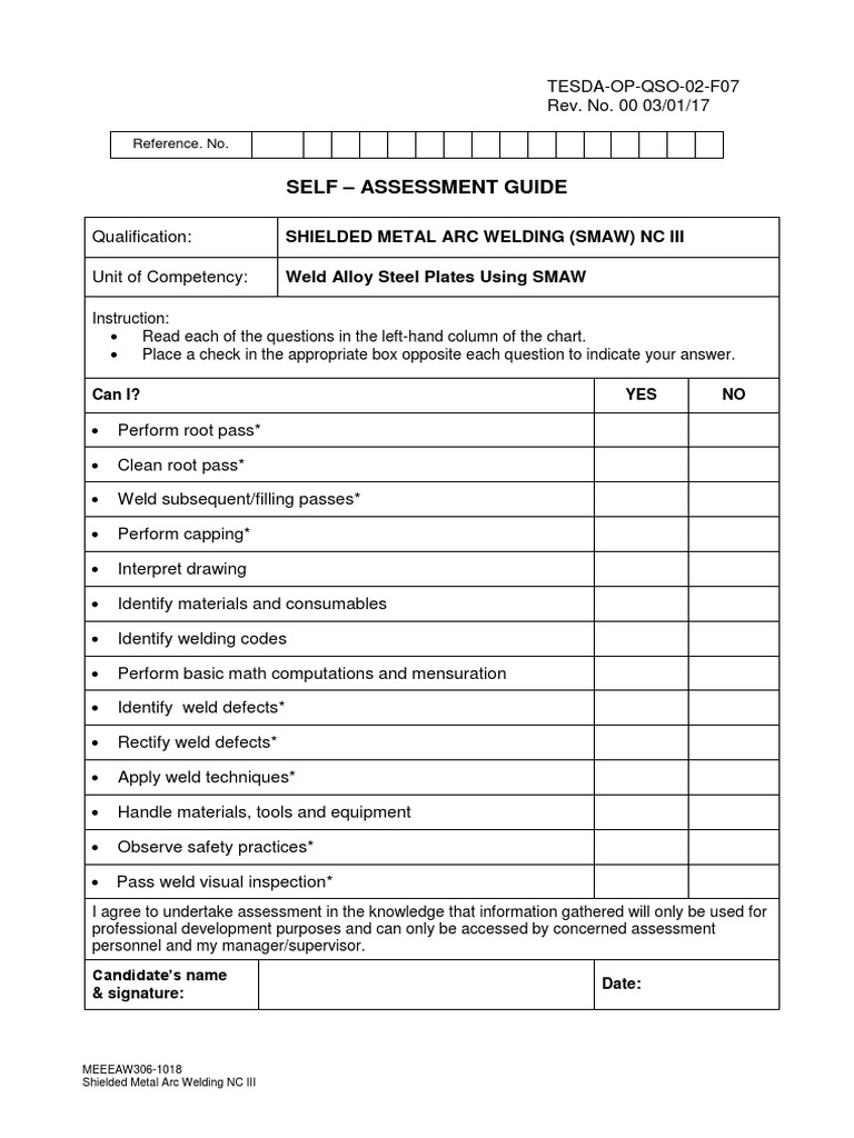 Self - Assessment Guide: Shielded Metal Arc Welding (Smaw) NC Iii Weld ...