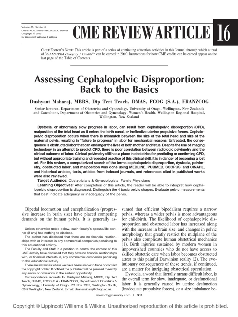 Cme Reviewarticle: Assessing Cephalopelvic Disproportion: Back To The ...