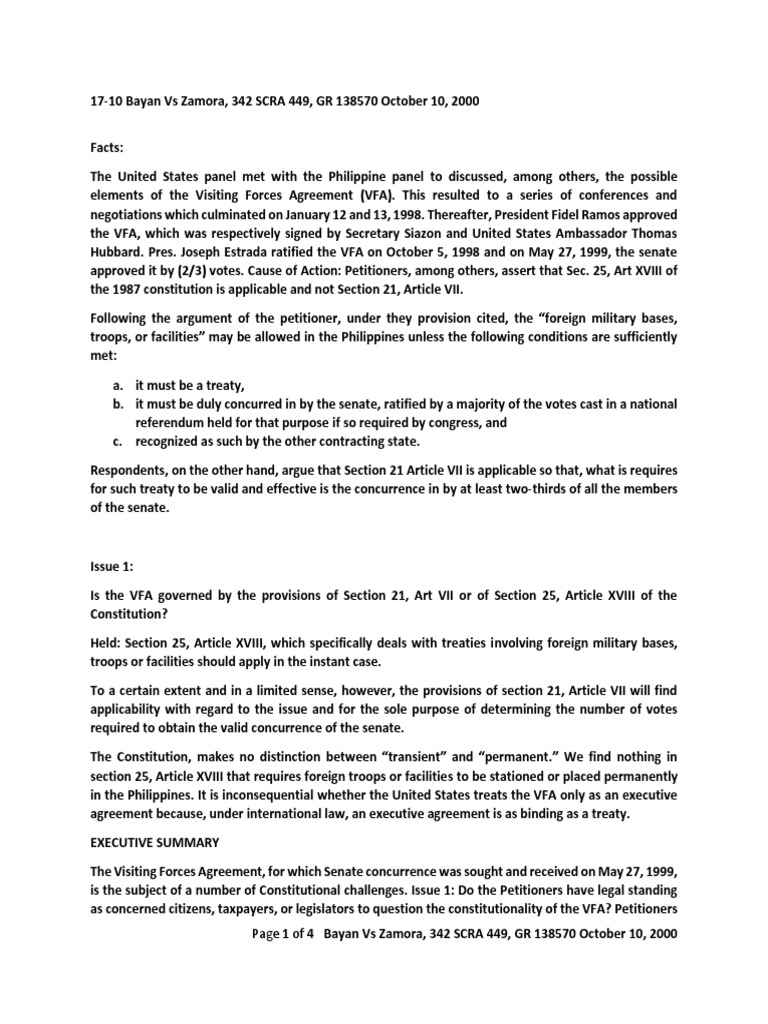 Case Consti Bayan Vs Zamora, 342 SCRA 449, GR 138570 October 10, 2000 ...