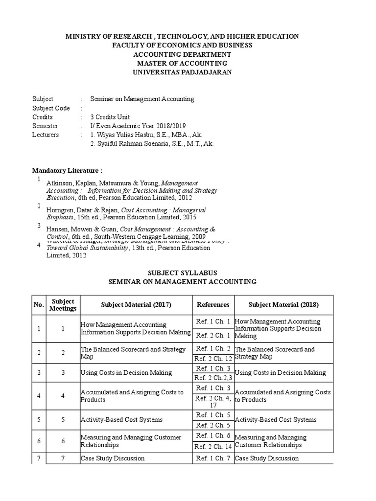 Management Accounting Seminar Syllabus | PDF | Management Accounting ...