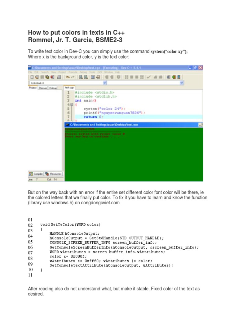 How To Put Colors in Texts in C++ | PDF