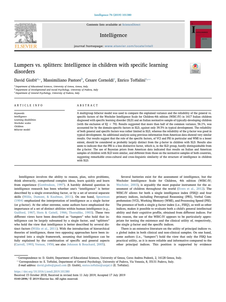 Lumpers vs. Splitters Intelligence in Children With Specific Learning ...