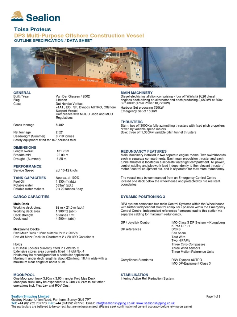 DP3 Multi-Purpose Offshore Construction Vessel: Toisa Proteus | PDF ...