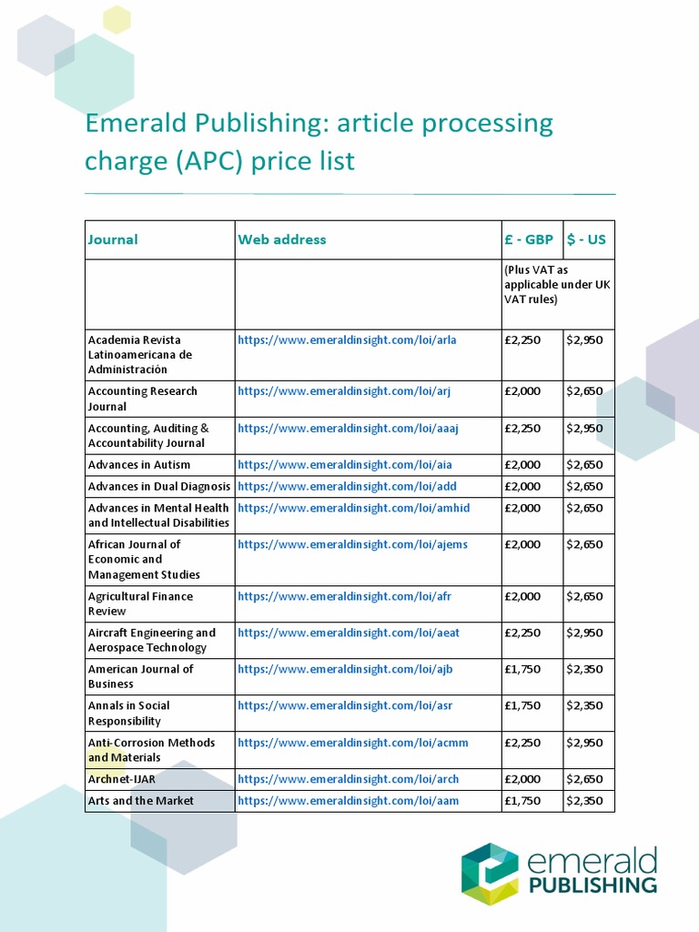 Emerald Publishing: Article Processing Charge (APC) Price List | PDF ...