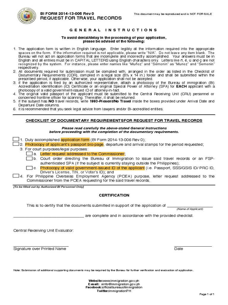 Request For Travel Records: BI FORM 2014-13-005 Rev 0 | PDF | Identity ...