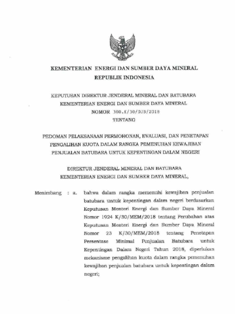 Kepdirjen Minerba 300k 2018 - Transfer Kuota Dmo Batubara | PDF