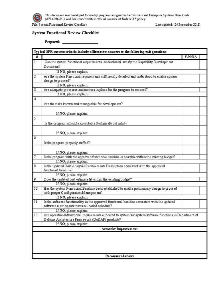 System Functional Review Checklist | PDF | Information Management ...