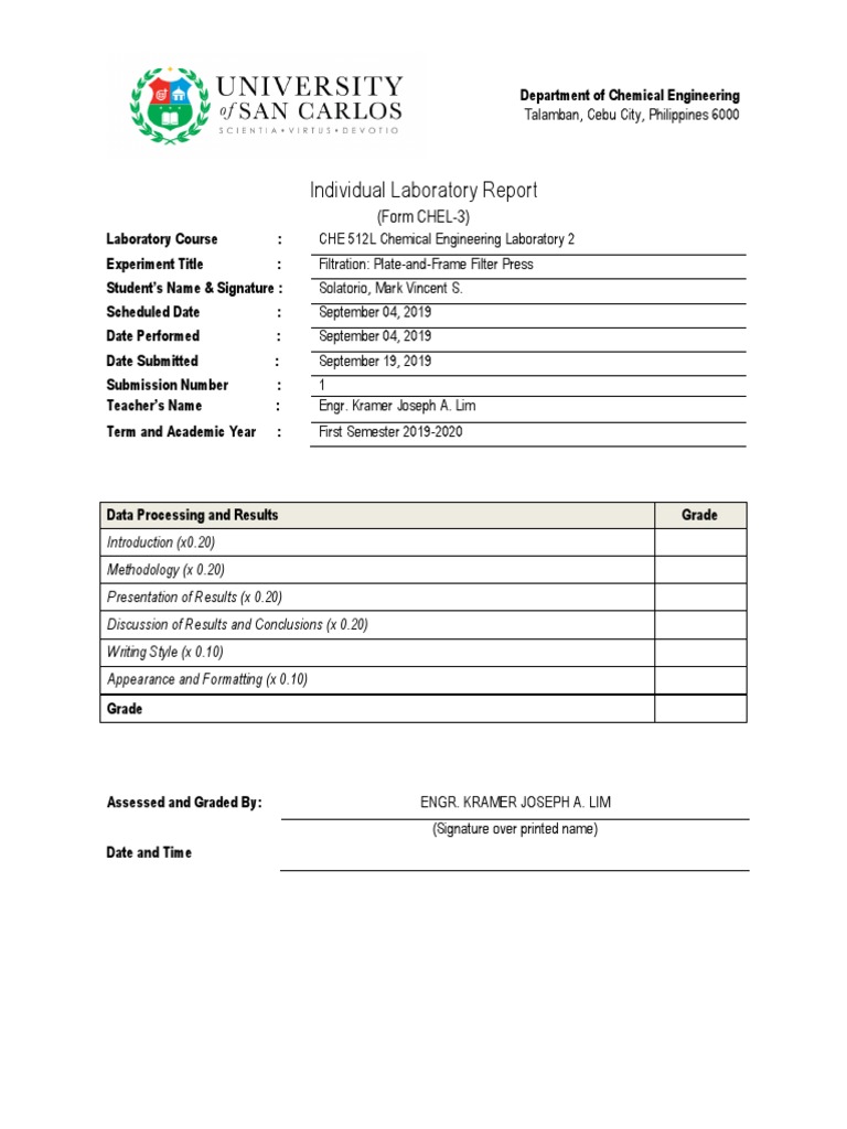 Individual Laboratory Report SOLATORIO - Filtration PDF | PDF | Filtration | Density