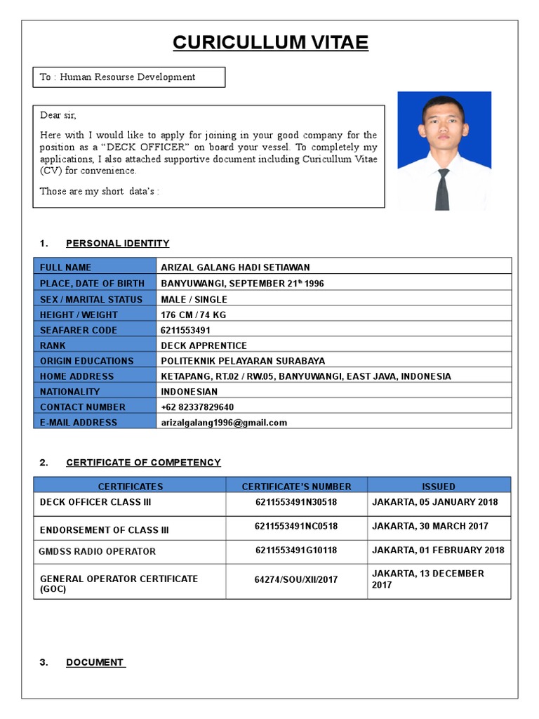 Seafarer CV for Deck Officer Position | PDF | Watercraft | Ships