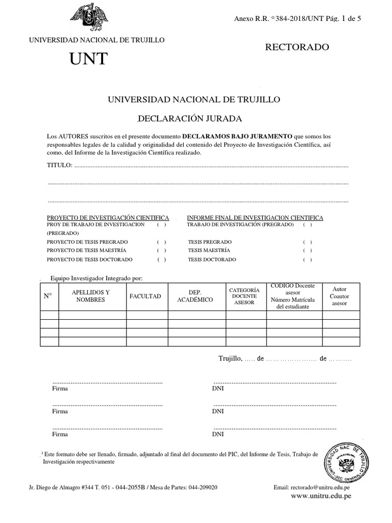 Universidad Nacional de Trujillo Declaración Jurada: Rectorado | PDF | Academia | Educación avanzada