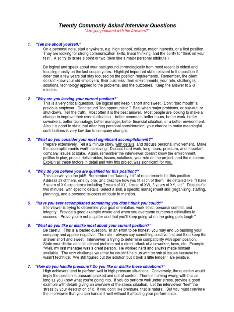 Twenty Commonly Asked Interview Questions | PDF | Question | Learning