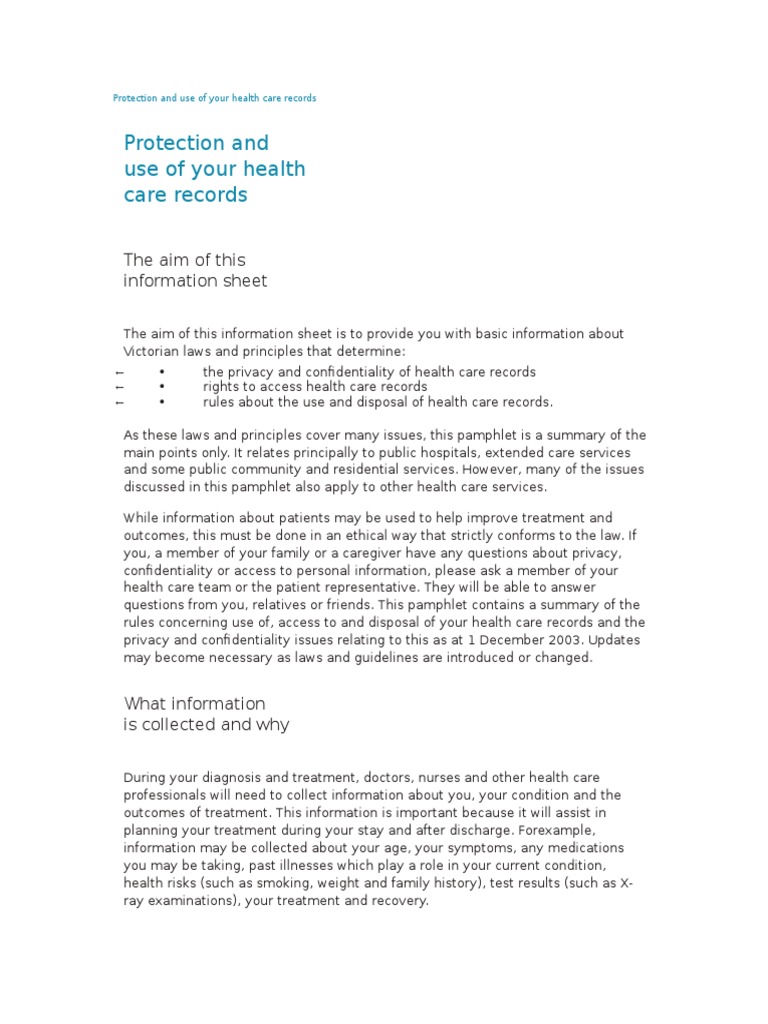 Protection and Use of Your Health Care Records: The Aim of This ...