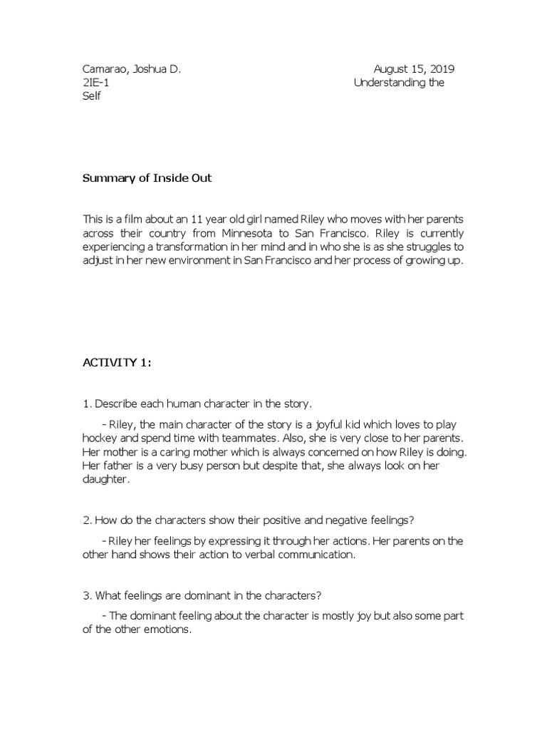 Inside Out: Summary and Character Analysis | PDF