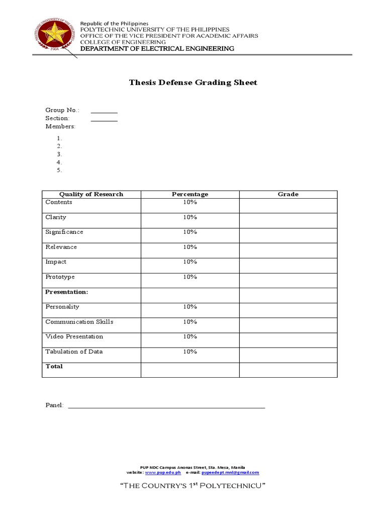 Thesis Defense Grading Sheet: Quality of Research Percentage Grade | PDF