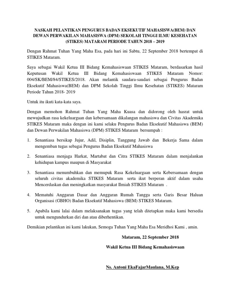 Naskah Pelantikan Bem Dan DPM 2018 | PDF