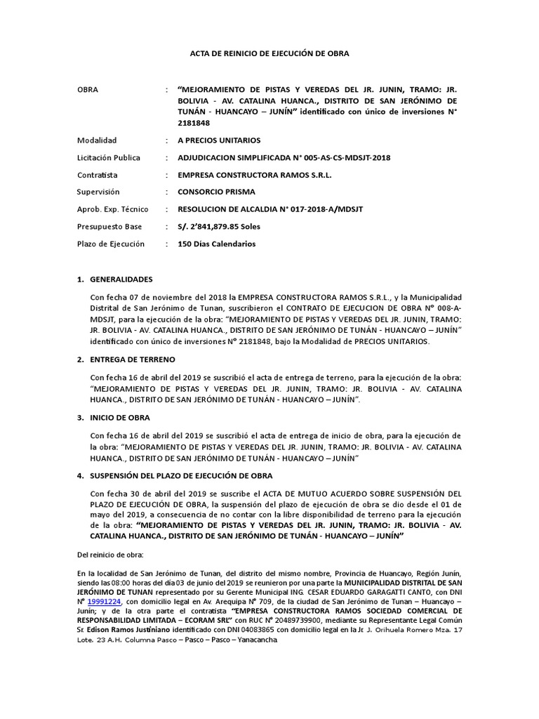 Acta de Reinicio de Obra | PDF