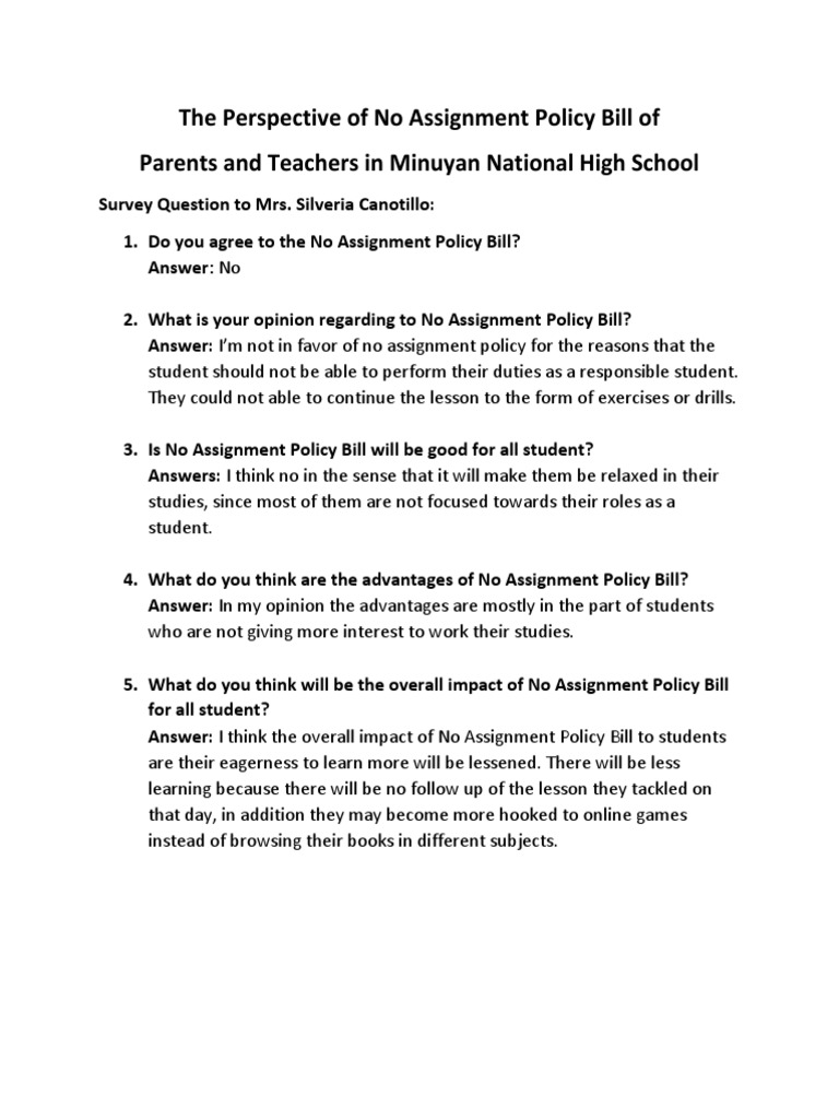 The Perspective of No Assignment Policy Bill of | PDF | Homework ...