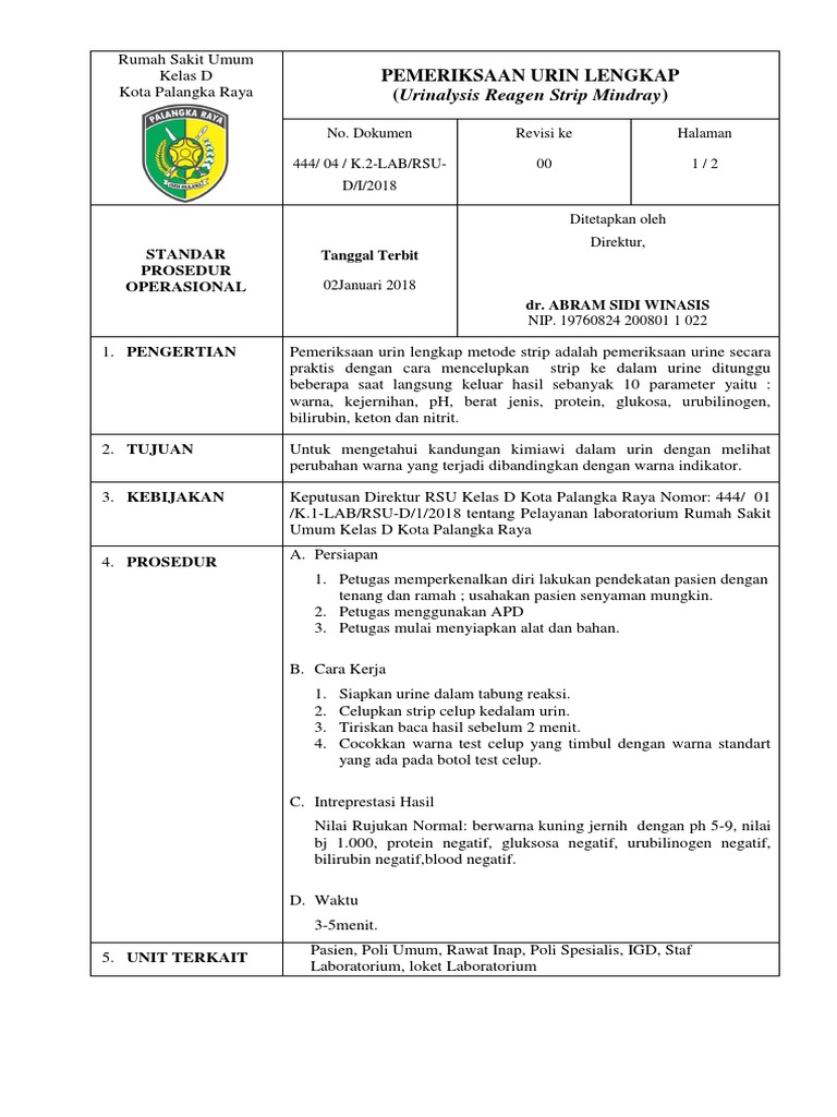 Sop Pemeriksaan Urin Lengkap (Urinalysis Reagen Strip Mindray) | PDF