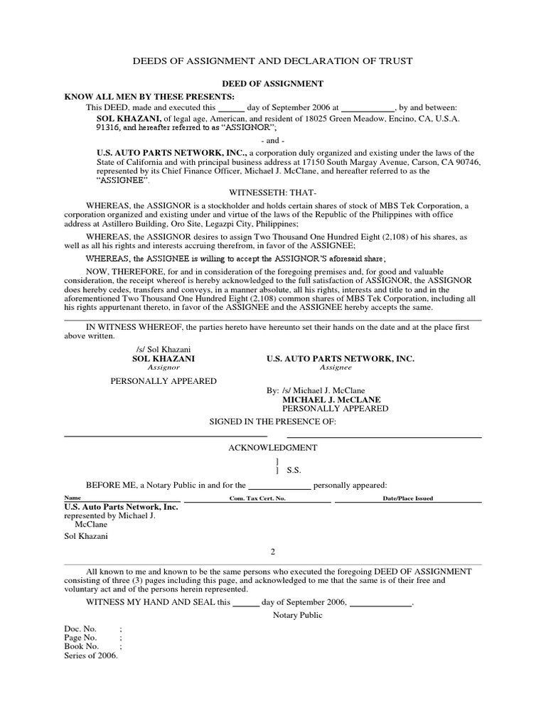 Deeds of Assignment and Declaration of Trust | PDF | Assignment (Law) | Trustee