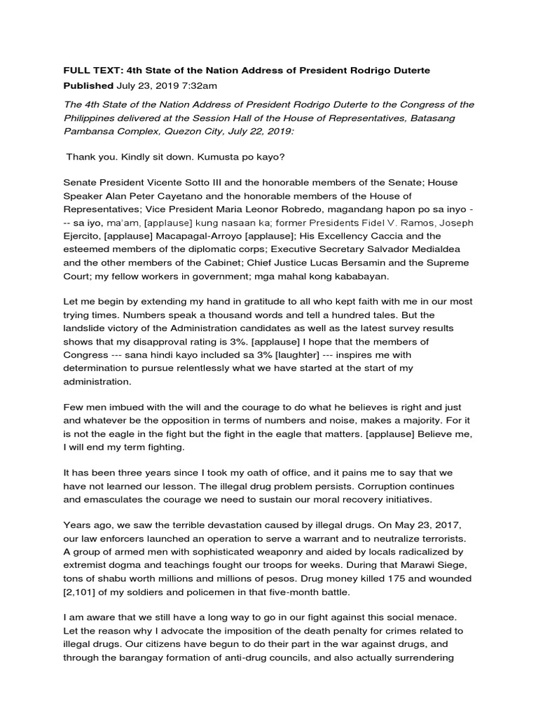 Sona Full Text | PDF | President Of The Philippines | World Politics