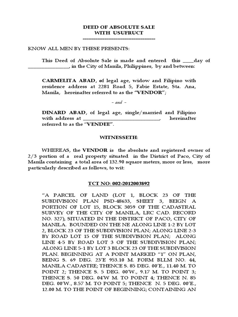 Deed of Absolute Sale With Usufruct Abad | PDF | Land Law | Property Law