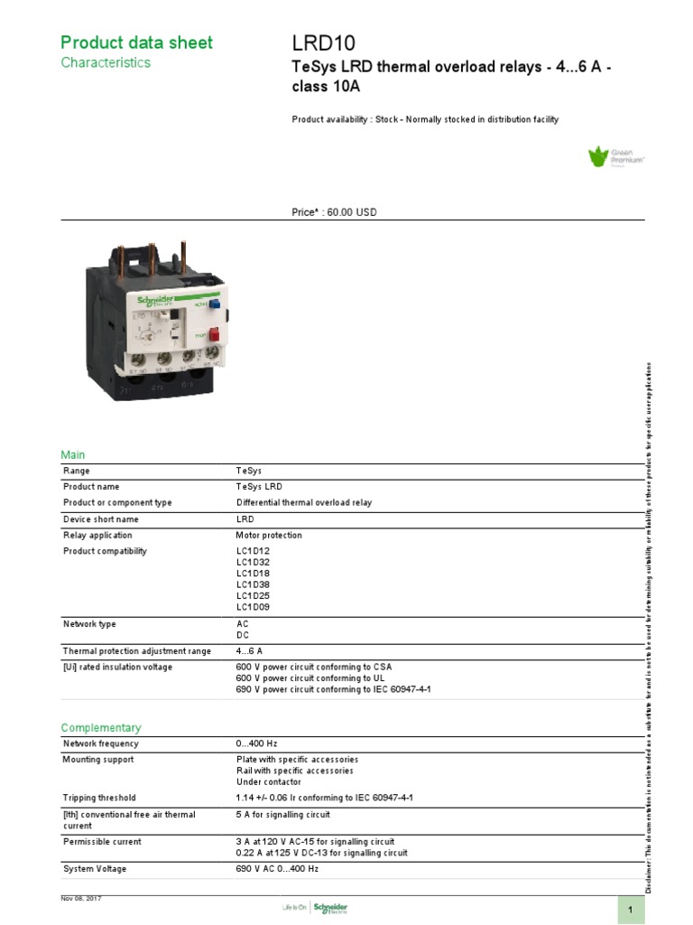 Product Data Sheet: Tesys LRD Thermal Overload Relays - 4... 6 A ...