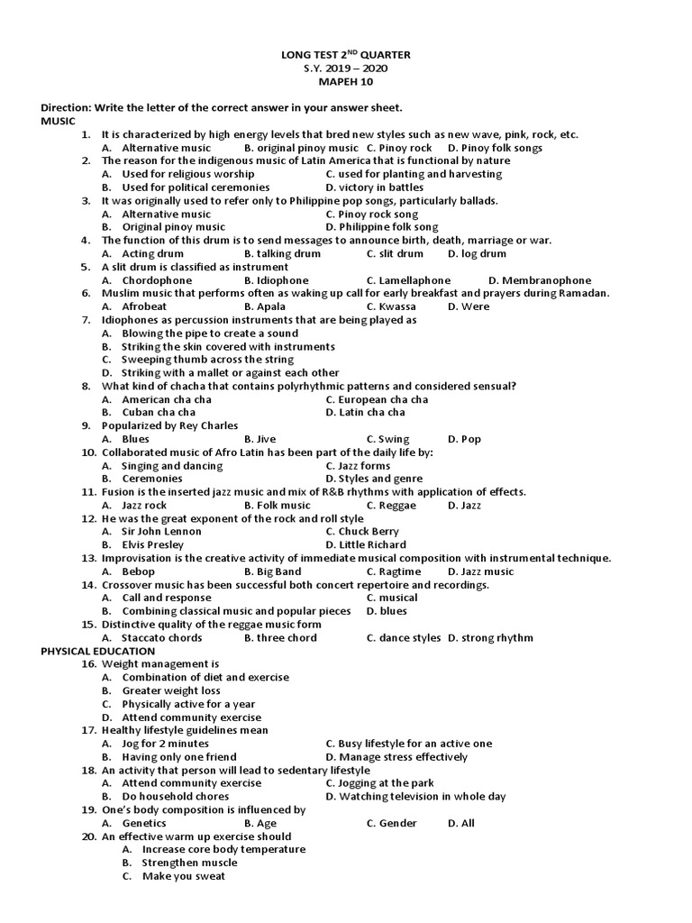 Long Test 2 Quarter Mapeh 10 Direction: Write The Letter of The Correct ...