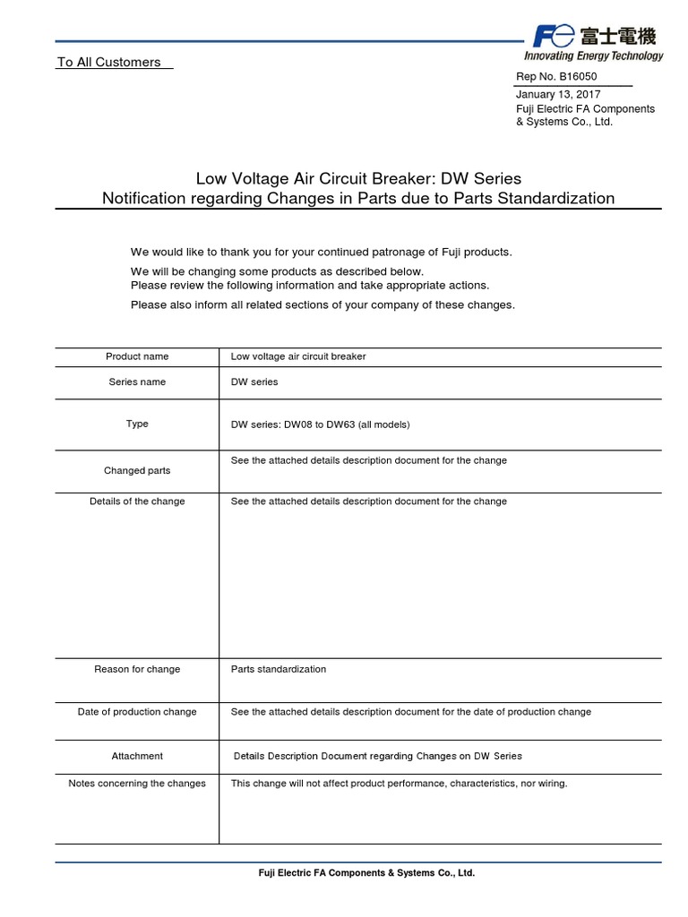 Low Voltage Air Circuit Breaker: DW Series Notification Regarding ...