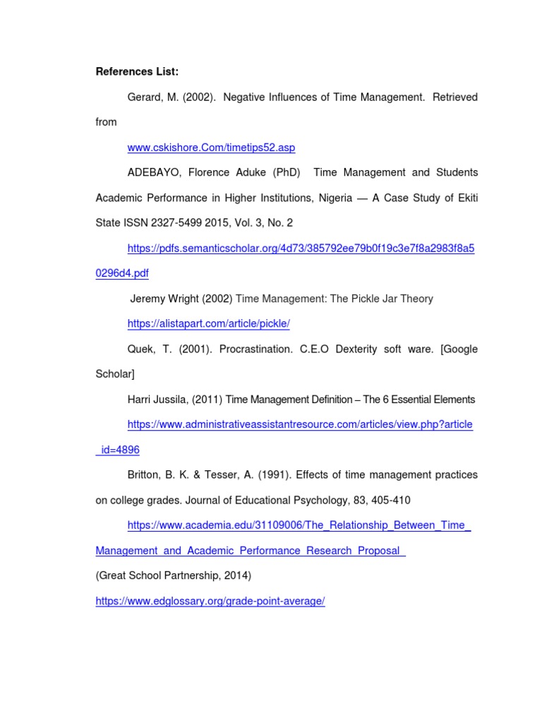 References List:: Time Management: The Pickle Jar Theory | PDF