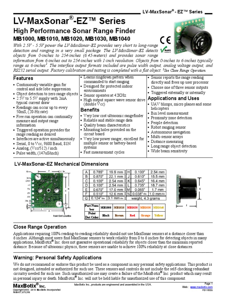 Lv-Maxsonar - Ez™ Series: High Performance Sonar Range Finder | PDF | Sensor | Sonar
