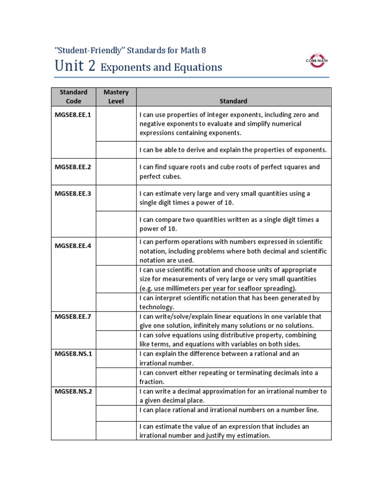 M8u2 Student-Friendly Standards | PDF